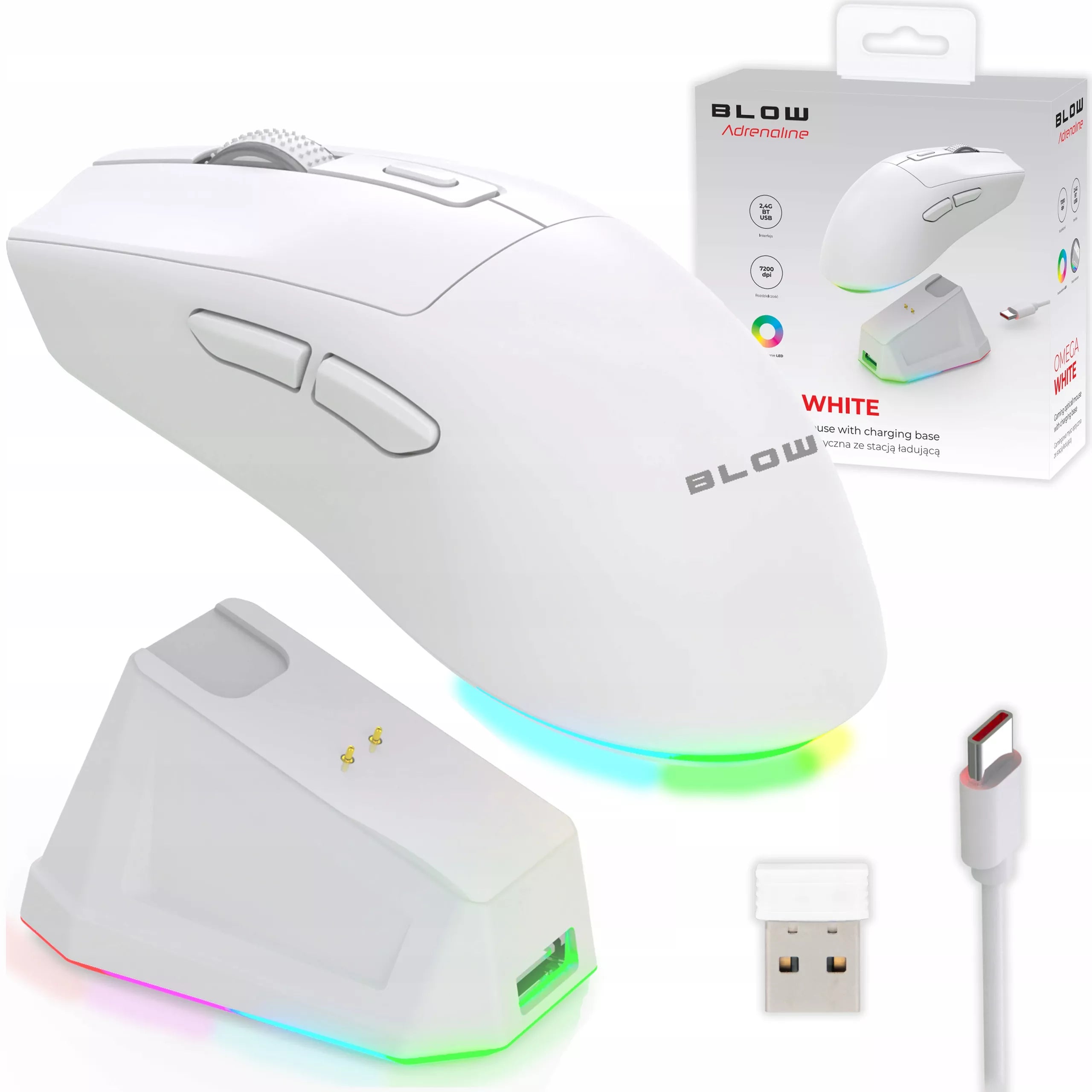 Optinė balta žaidimų pelė su krovimo stotele PC USB Bluetooth 2.4GHz ...